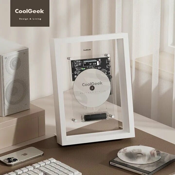 CD-плеер CoolGeek, Bluetooth 5.0, Hi-Fi звук, пульт ДУ, деревянный корпус, прозрачный