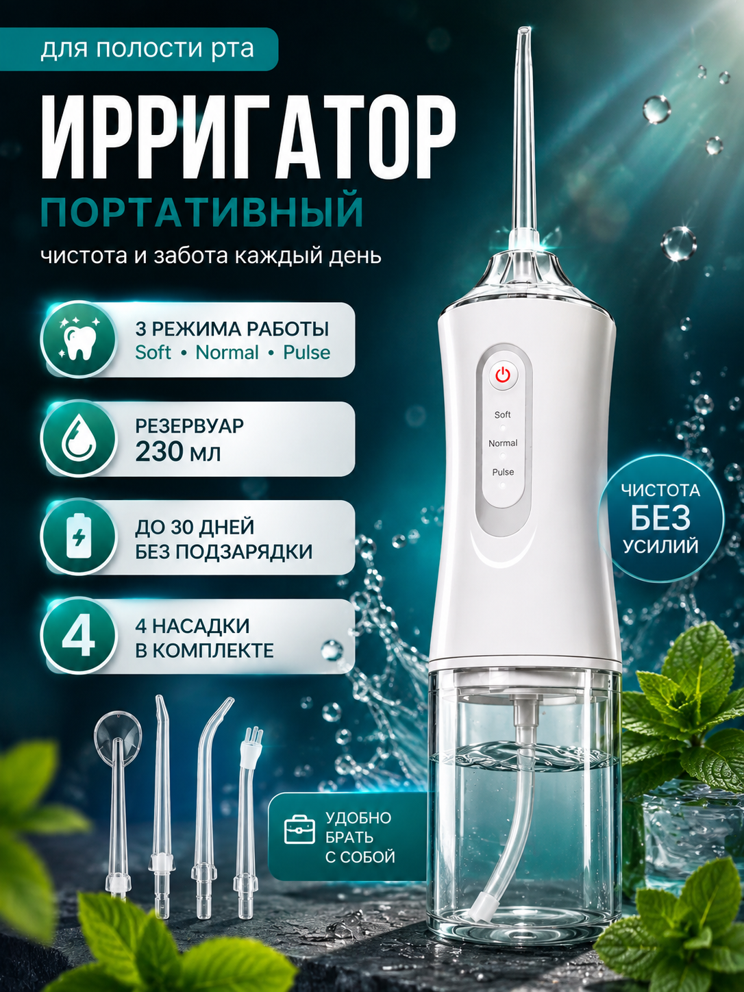 Ирригатор для полости рта портативный ,3 режима , 230мл - для брекетов и имплантов