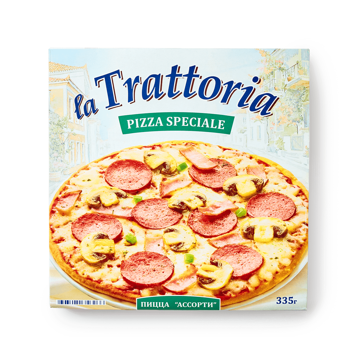 Пицца La Trattoria Ассорти, замороженная, с колбасой и грибами, 335 г