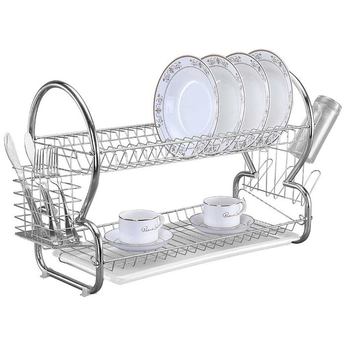 Сушилка для посуды Webber BE-7220, двухуровневая, серебристая, с поддоном