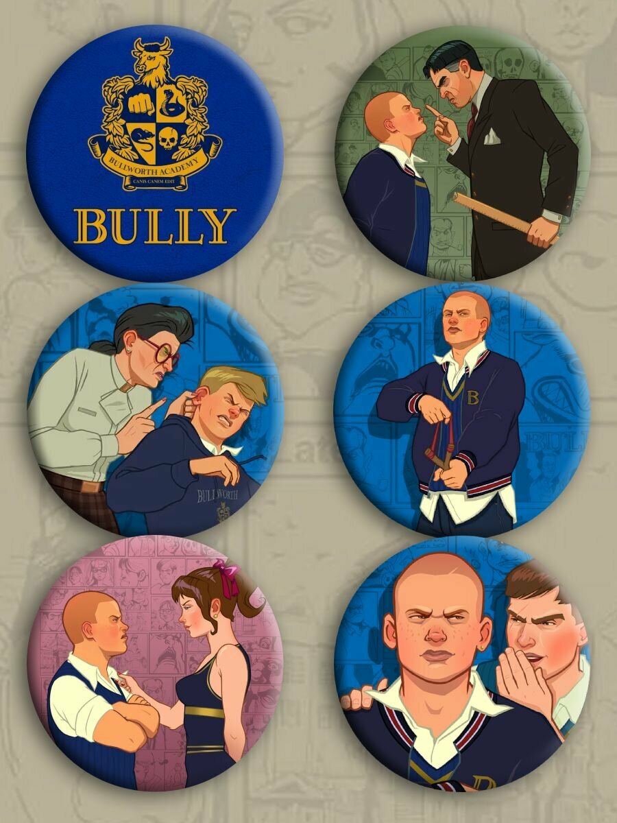 Набор значков Bully 6 шт 44 мм