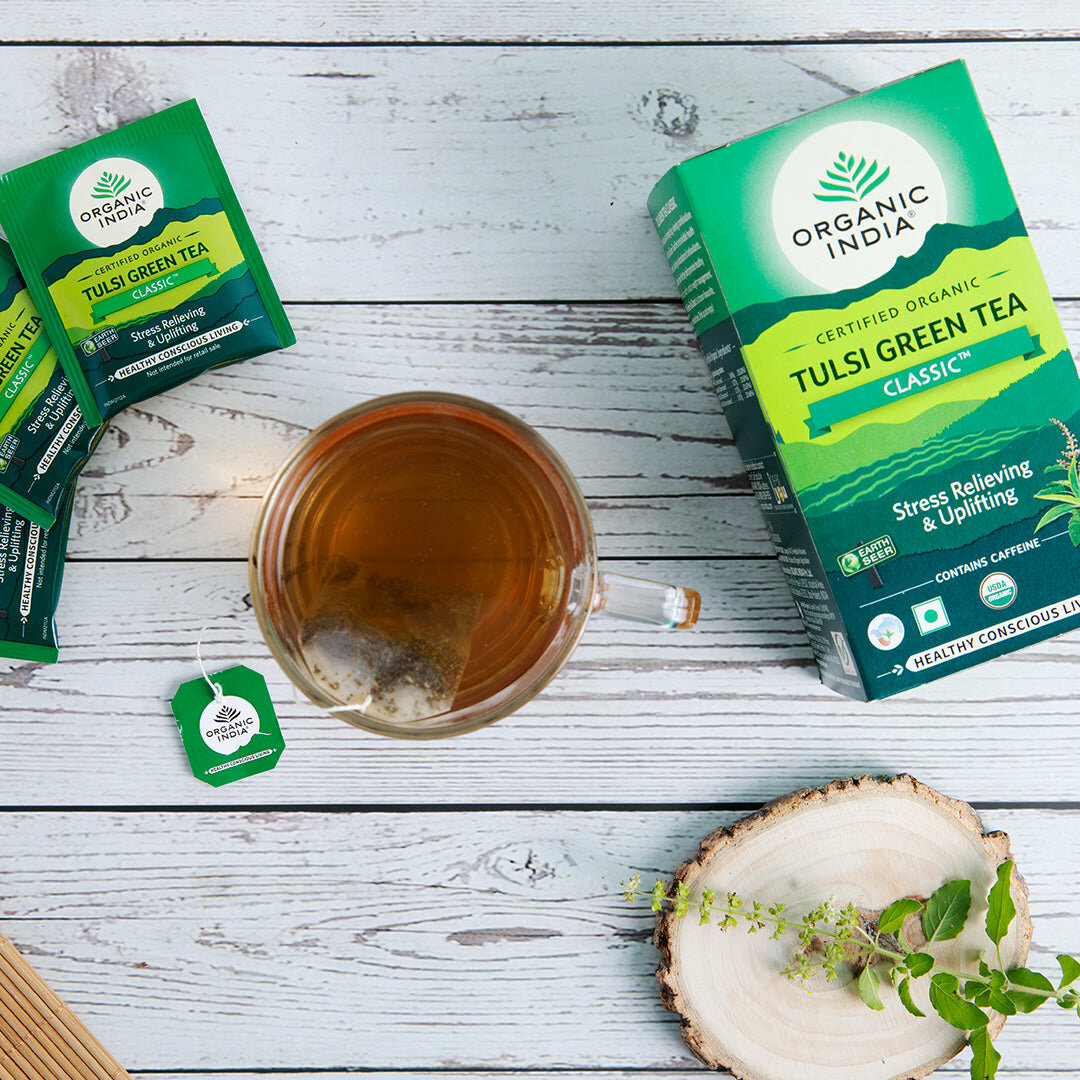 TULSI GREEN TEA CLASSIC, Organic India (тулси зеленый ЧАЙ классический, антистресс и гармонизация, Органик Индия), 25 пакетиков.