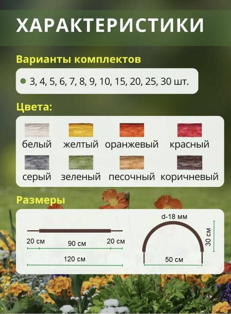 Заборчик, ограждение из полимерной лозы ДПК для грядок, клумб и цветников, высота 30см, цвет коричневый, 8 секций