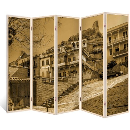 Ширма перегородка Декор Депо для комнаты деревянная "Старый Тбилиси" двухсторонняя с картинкой (города) 5 створок кремовый дуб 176х230 см 18 кг