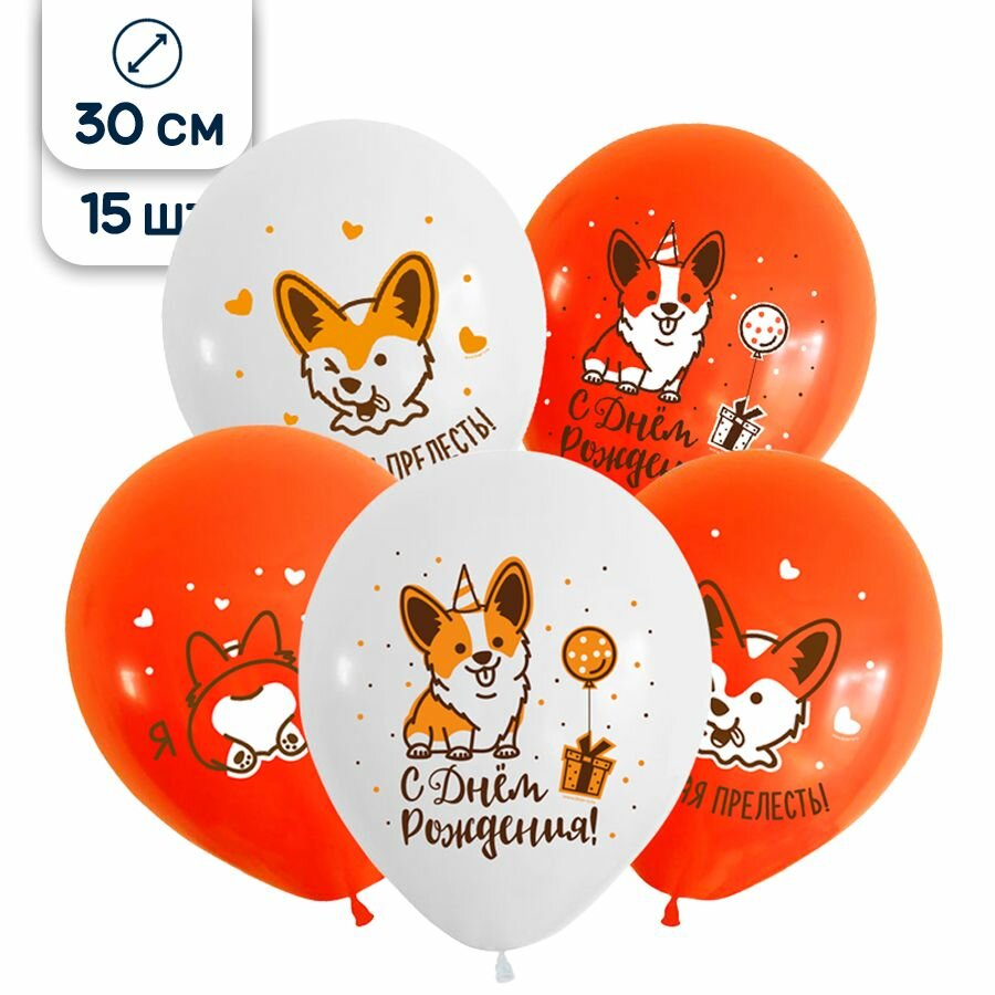 Воздушные шары С Днем рождения, Корги, 30 см, 15 шт.