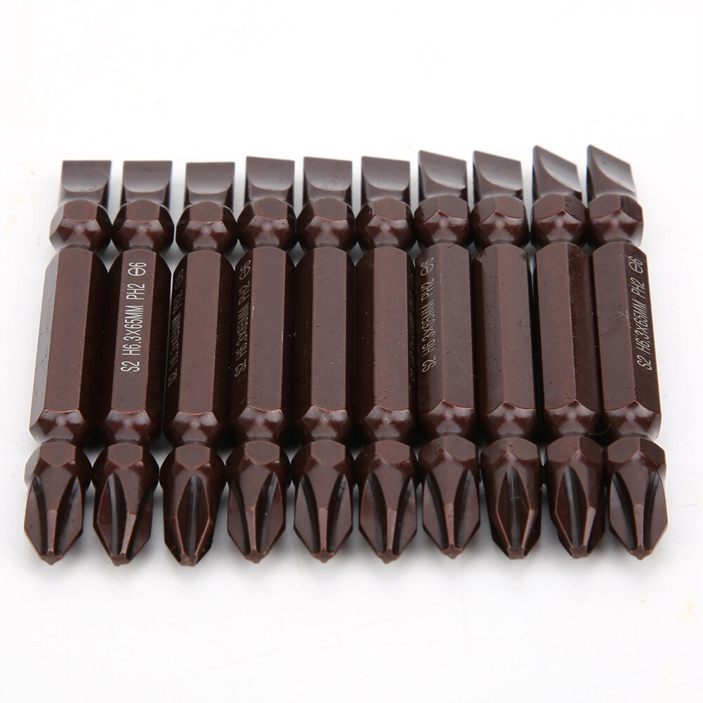 10 штук двухсторонних насадок для шуруповерта, крепежные детали, винты, инструменты, магнитные, S2, H6.3 x 65 мм. Двухсторонние S2 H6.3 x 65 x PH2 / SL6, красные.