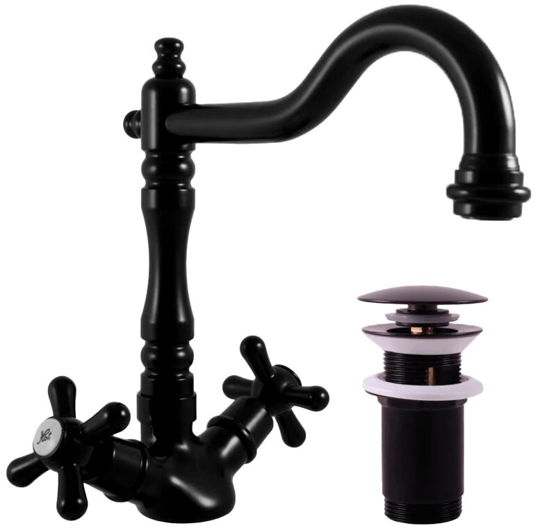Смеситель для раковины Rav Slezak Morava retro MK121.5/8CMAT черный, матовый, кран для ванной в раковину, из латуни, с поворотным изливом, с донным клапаном