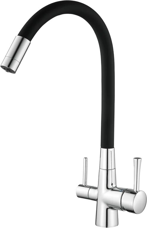 Смеситель для кухни Savol S-L1806-01 с гибким изливом, с краном для питьевой воды, с поворотным изливом, хром, черный, глянцевый, однорычажный, латунный, с керамическим картриджем