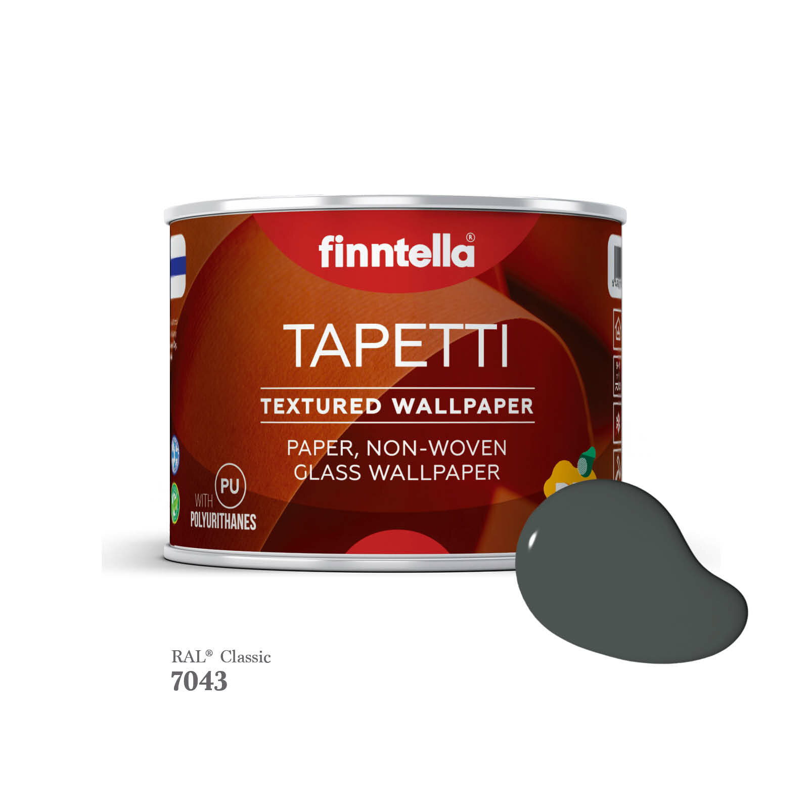Шелковисто-матовая краска для обоев под окраску TAPETTI SILKKI Matta FINNTELLA, Цвет RAL 7043 Транспортный серый В (Traffic grey B), 0,45л