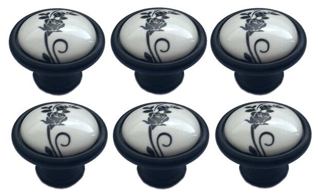 Ручки мебельные фарфоровые, ручной работы. Круглая "Черная роза". покрытые глазурью. 6 шт. + 6 шт. винтов