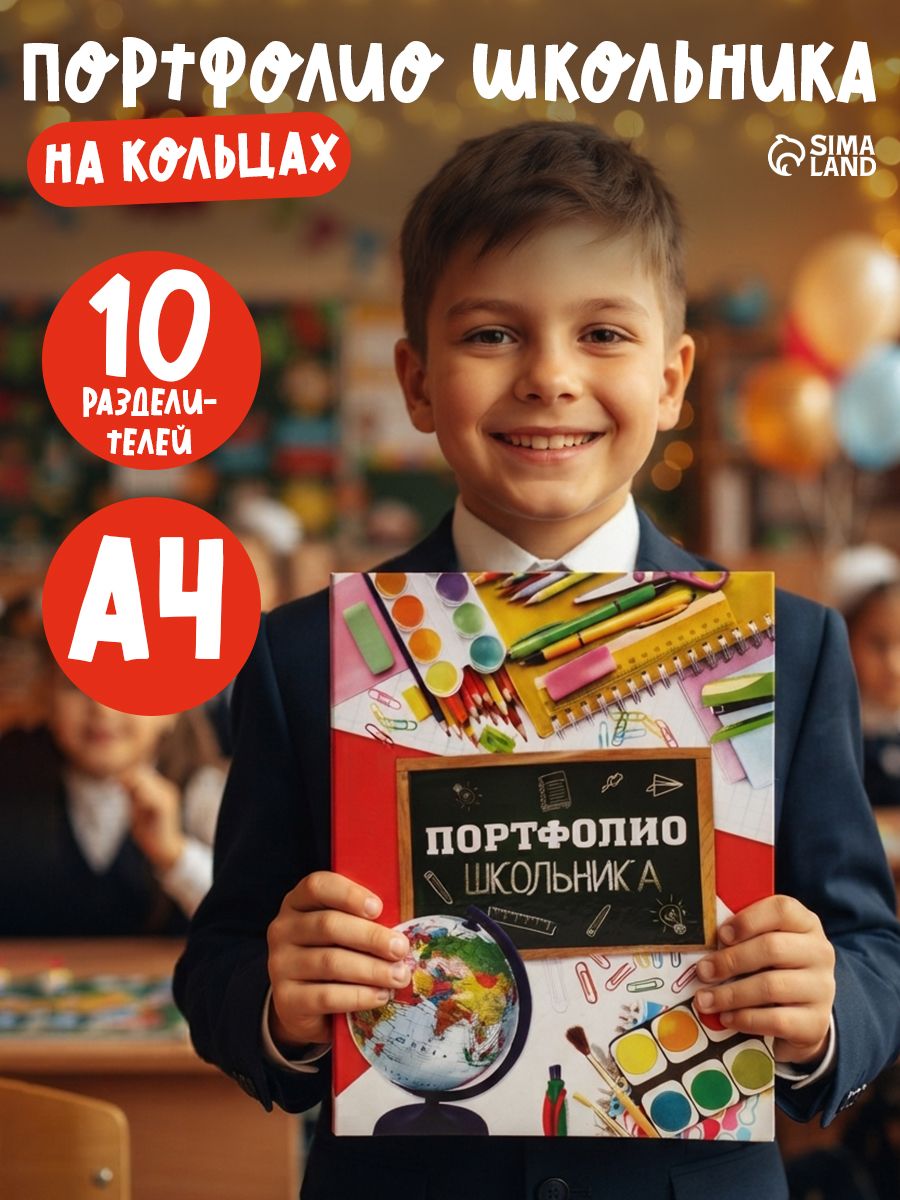 Портфолио школьника, папка А4 на кольцах, 10 листов - разделителей, для девочек и мальчиков
