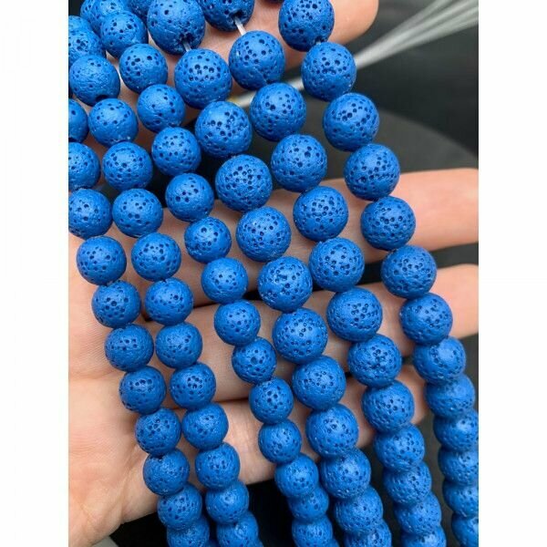 Каменные бусины, вулканическая лава люкс, пористая тонированная, синяя, шарик гладкий, 8 мм, длина нити 38 см, около 47 бусин