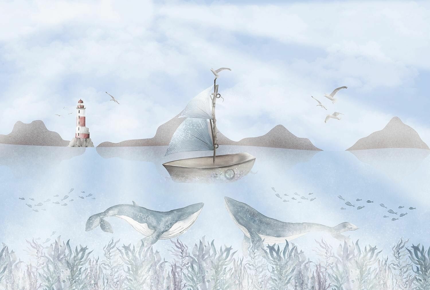 Фотообои/F коллекцияF-147 Киты у лодки 400х270-1Divino