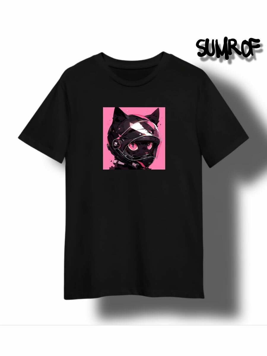 Футболка кот в шлеме киберпанк