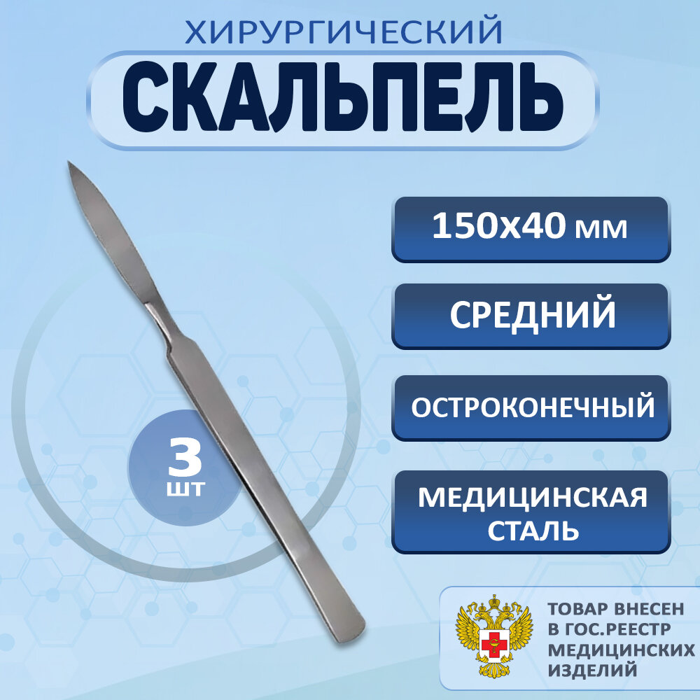 Нож скальпель медицинский хирургический остроконечный средний 150х40мм, 3шт