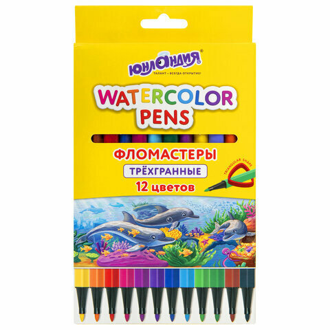 Фломастеры юнландия "водный МИР", 12 цветов, трехгранные, вентилируемый колпачок, картон, 152182