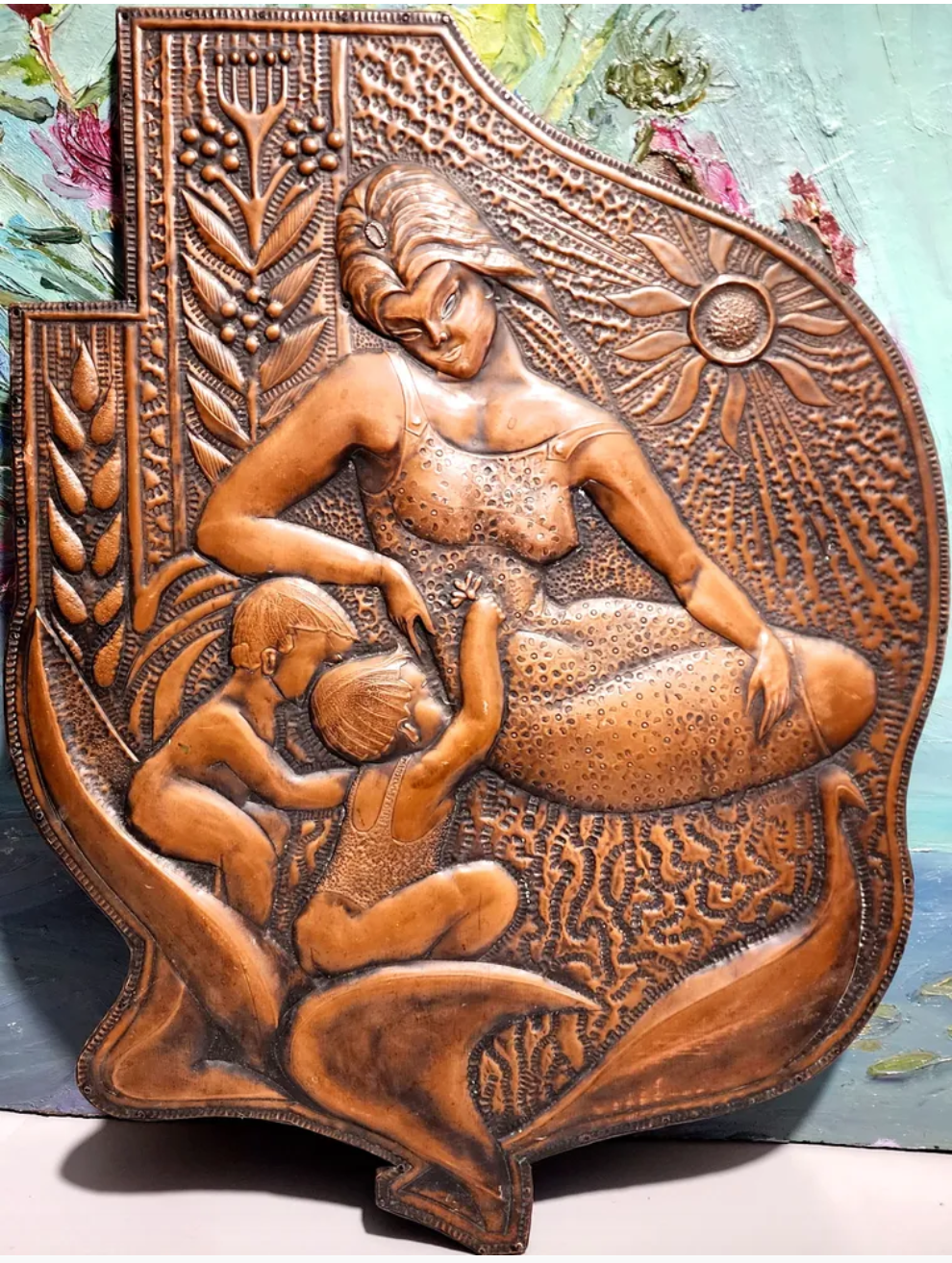 Большая чеканка "Материнство" медь СССР 50х66 см