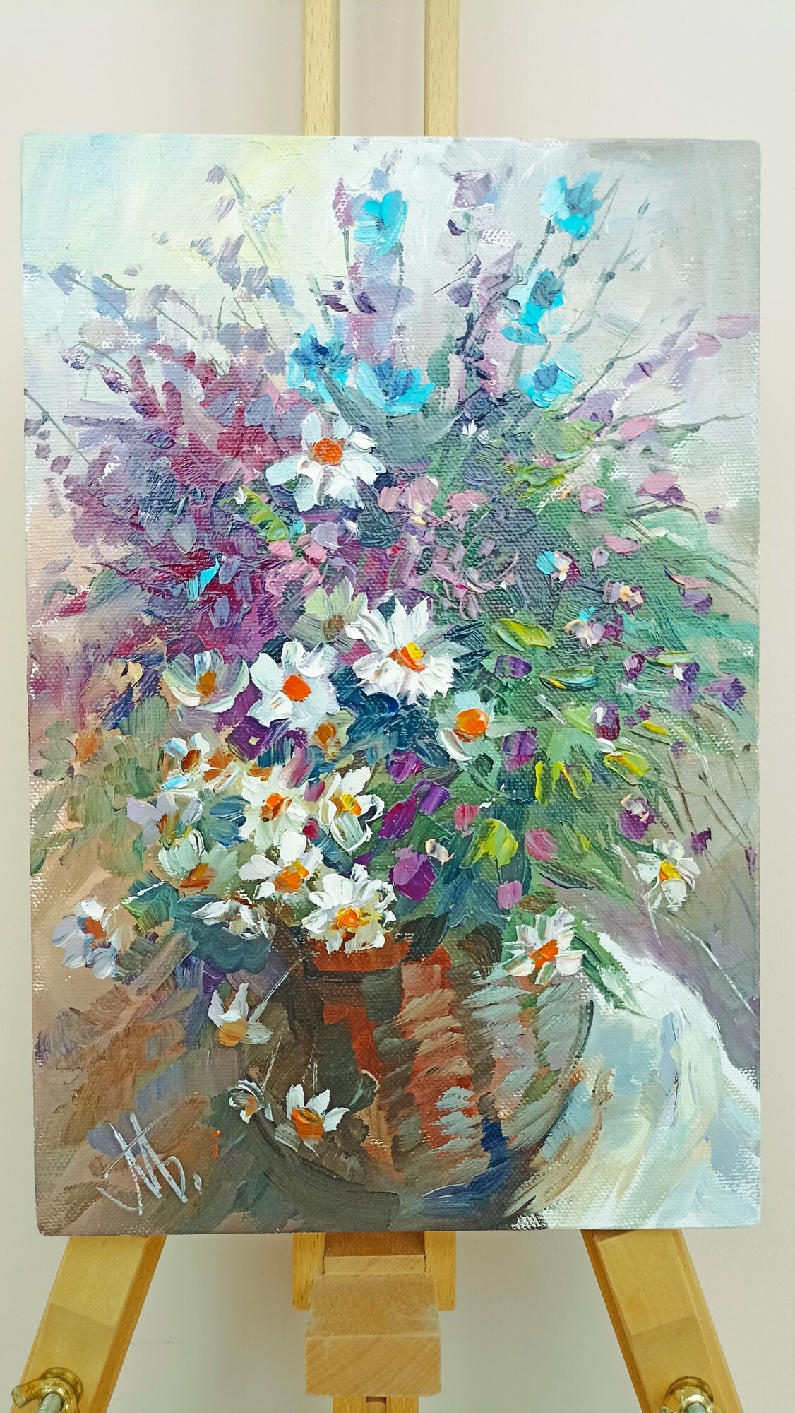 Масло/холст. 100% ручная работа, 100% живопись. Худ. мастерская Грёзы. Картина из серии "Импрессионизм". Ромашки. Васильки. 20х30 см.