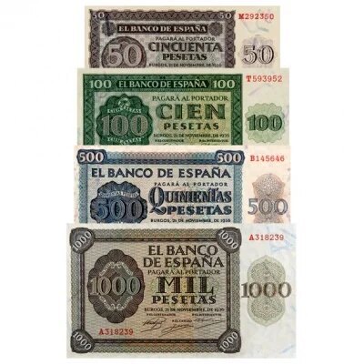Набор 50-1000 песет, выпуск 1936, Испания, сувенирные копии, банкноты и купюры редкие коллекционные