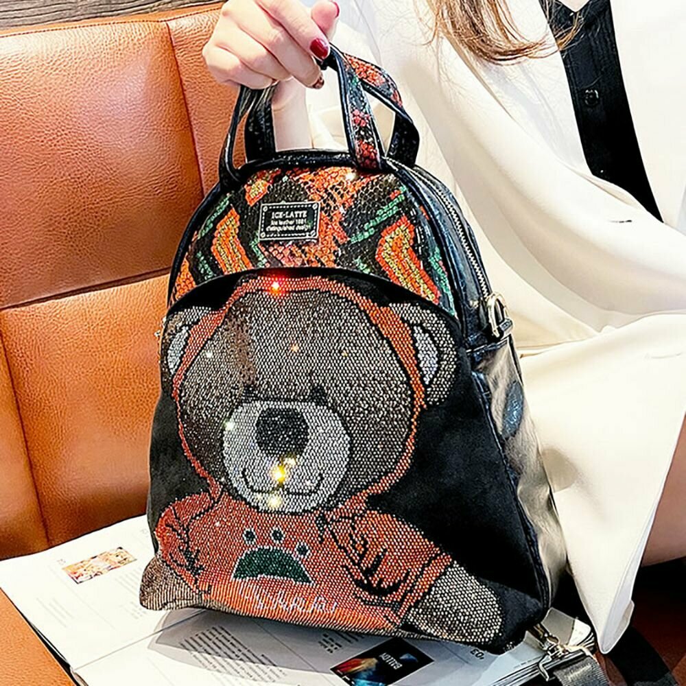 Рюкзак женский UNIWALK, рюкзак со медвежонок стразами, модный аксессуар в подарок женщине, черное