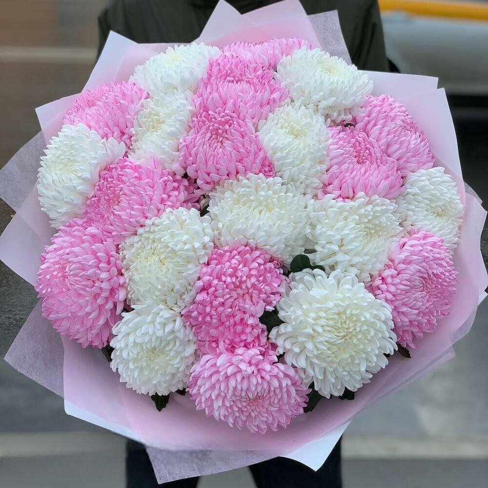 Букет из белых и розовых хризантем 25 шт роскошный букет премиум цветы премиум букет