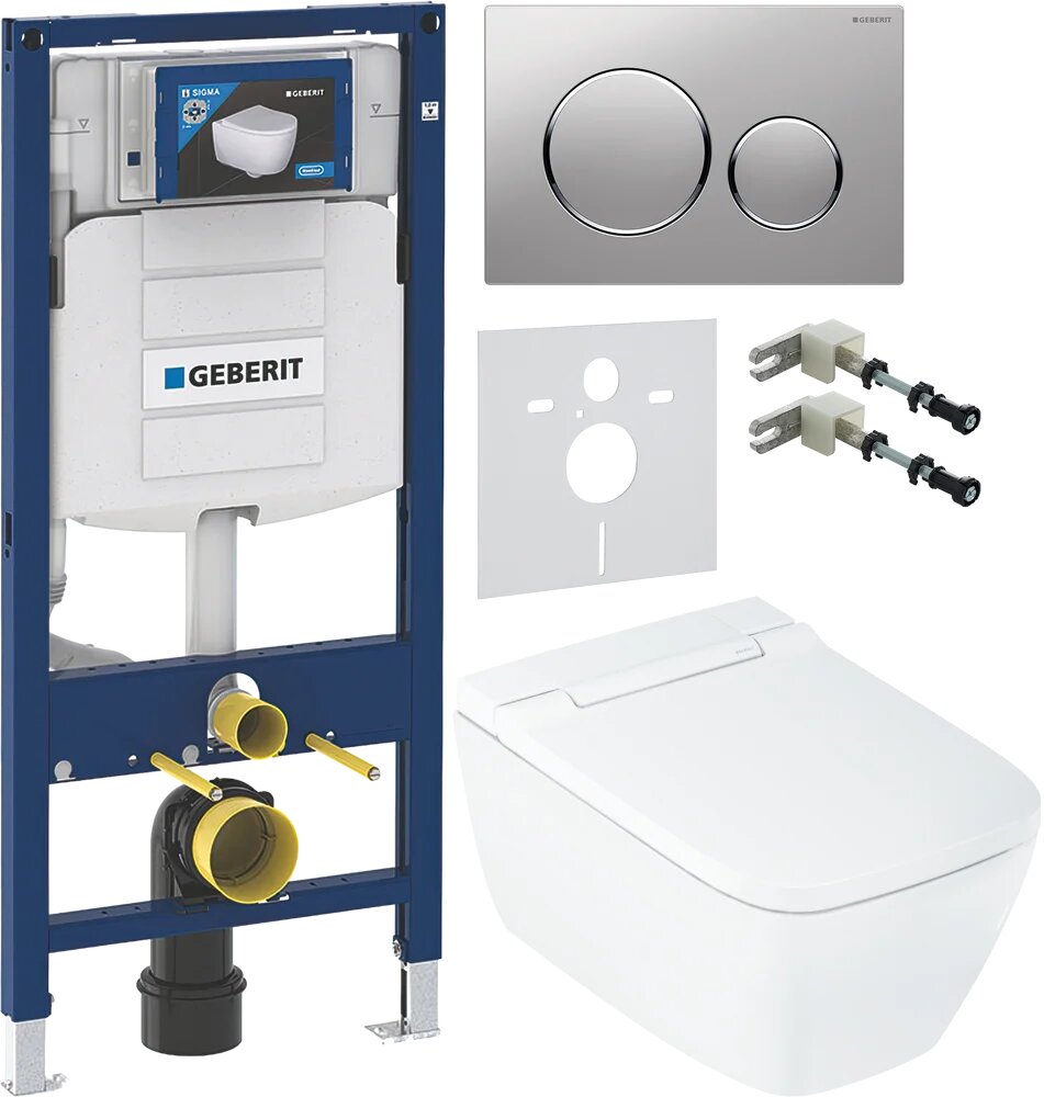 Комплект Умный унитаз Geberit AquaClean Sela Square / Инсталляция Duofix UP 320 111.300.00.5 / Кнопка хром матовый, хром глянцевый, Звукоизоляция, Крепления к стене