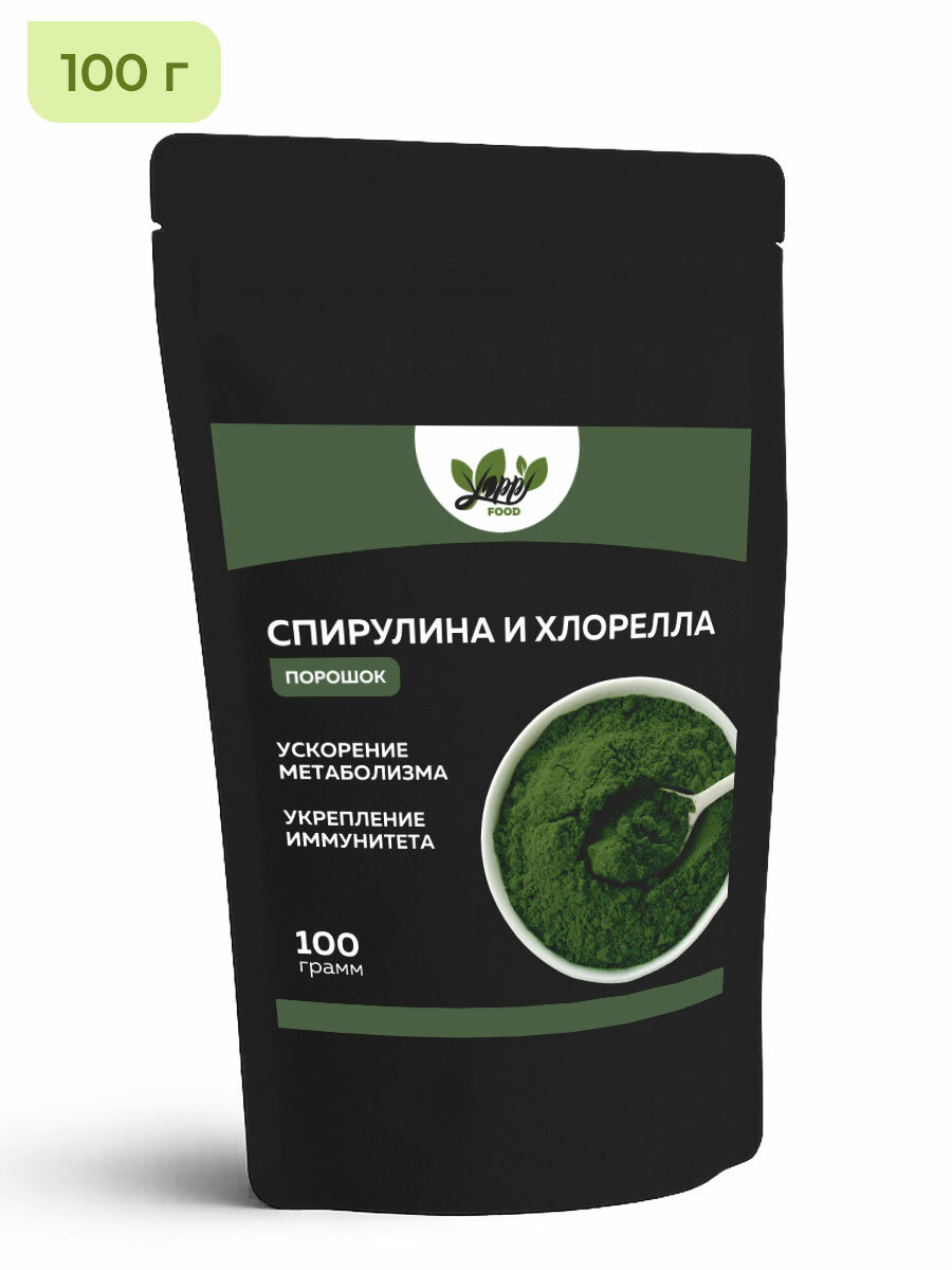 Спирулина и хлорелла, суперфудс порошок натуральный без добавок, Yappi FOOD, 100 г