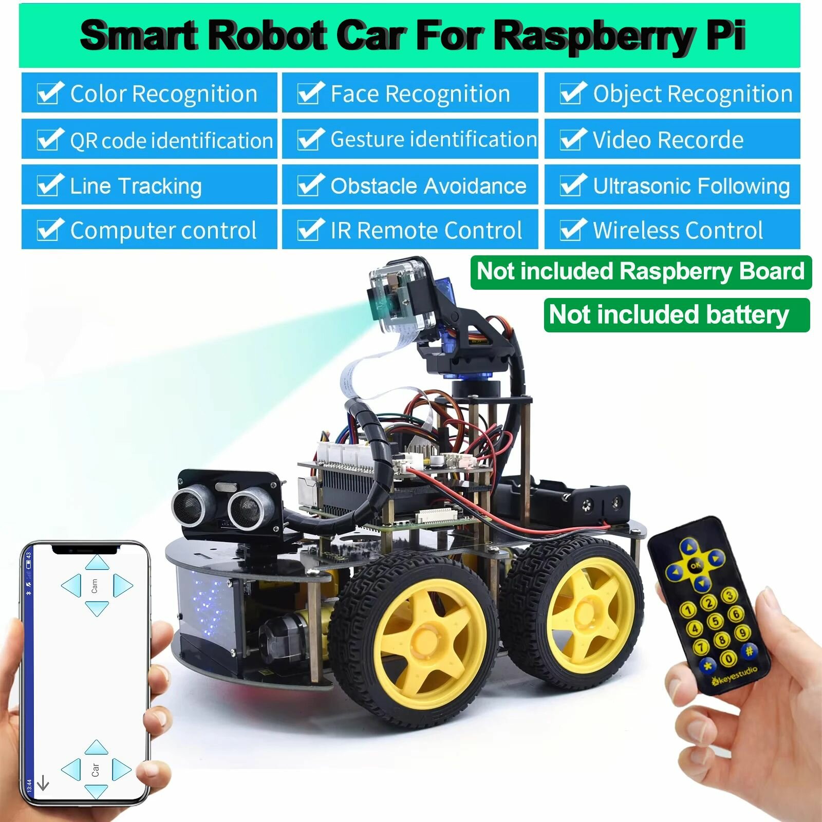 Keyestudio Комплект для создания умного робота-автомобиля на базе Raspberry Pi 4B с модулем мегапиксельной камеры