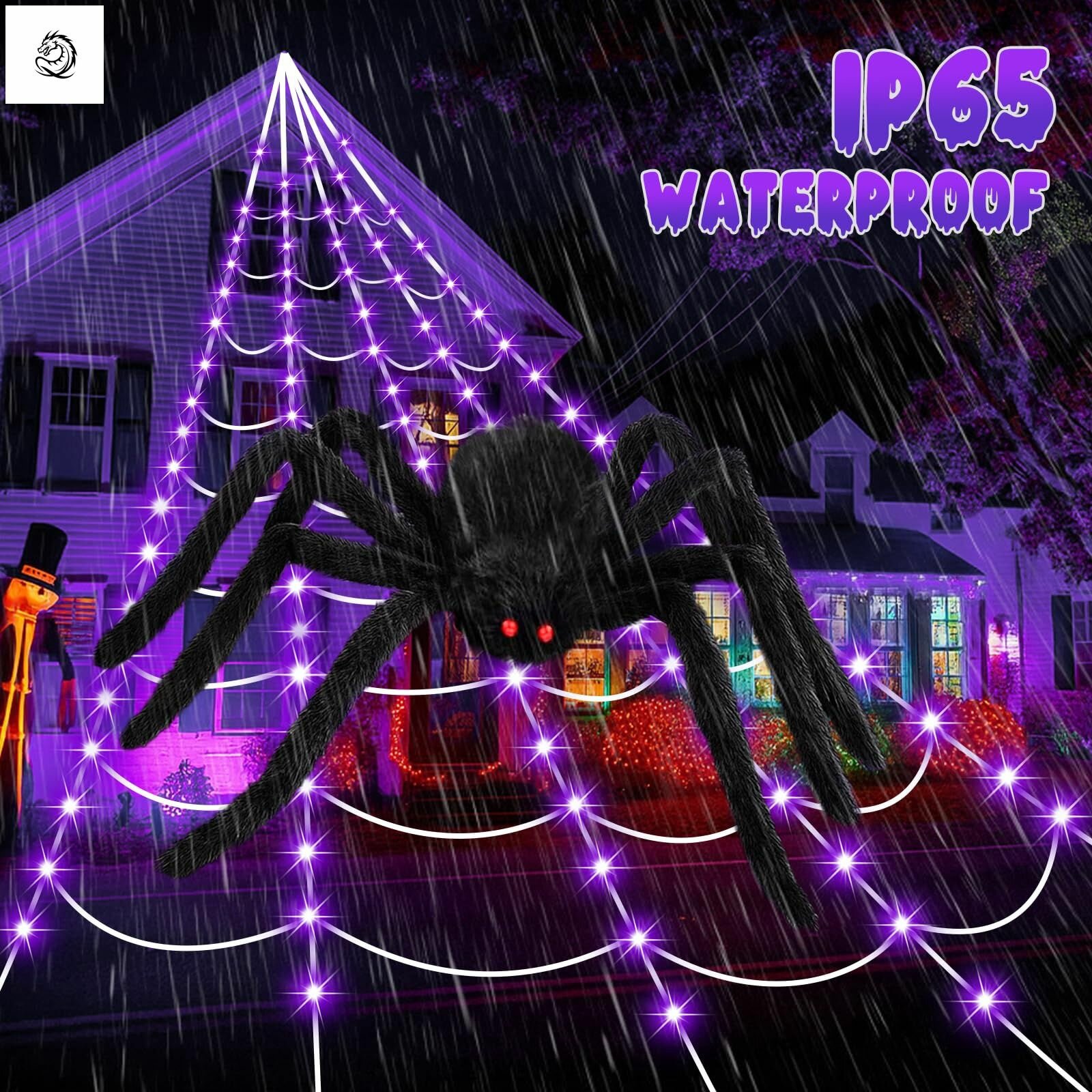 Светящаяся паутина на Хэллоуин с пауком: 250 LED, 5 м, 8 режимов, таймер, для дома и улицы