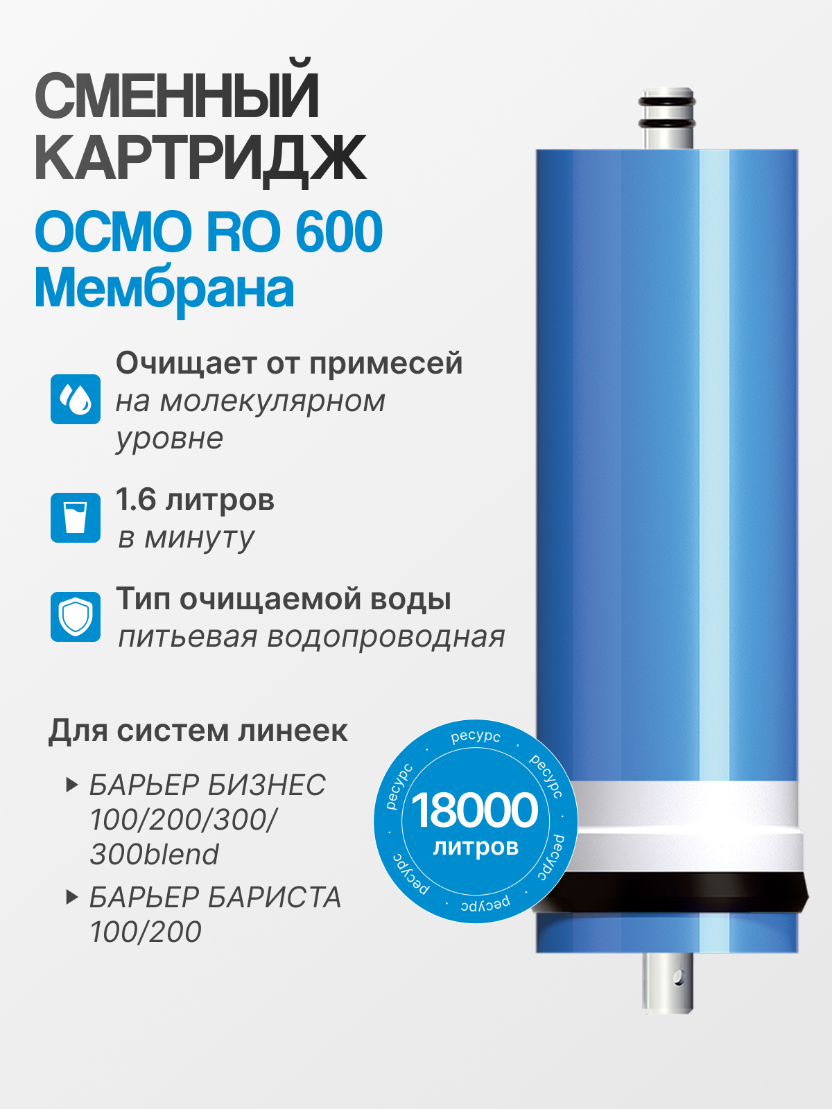 Картридж барьер "Осмос RO" 600, 600GPD, мембрана, 3012 типоразмер, ресурс 18 тыс. л, 1,6 л/мин
