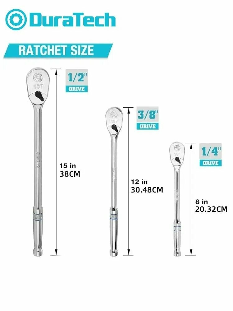 DURATECH Набор из 3 трещоточных ключей с удлиненными рукоятками (1/4", 3/8", 1/2"), 90-зубчатый механизм с пылезащитной каплевидной закрытой головкой