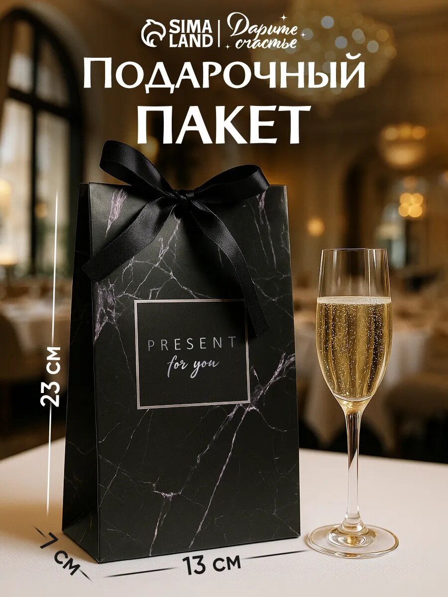 Пакет подарочный с лентой, чёрный, 13 х 23 х 7 см, для упаковки подарка на Новый Год, универсальный