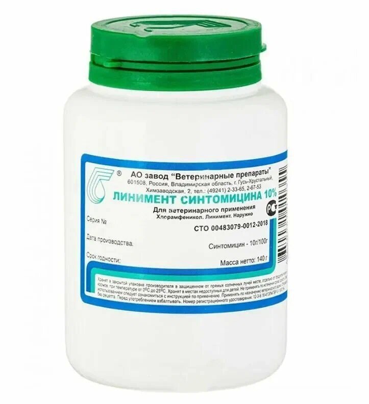 Мазь Ветеринарные препараты Линимент Синтомицина 10% , для наружного применения, 140г для животных