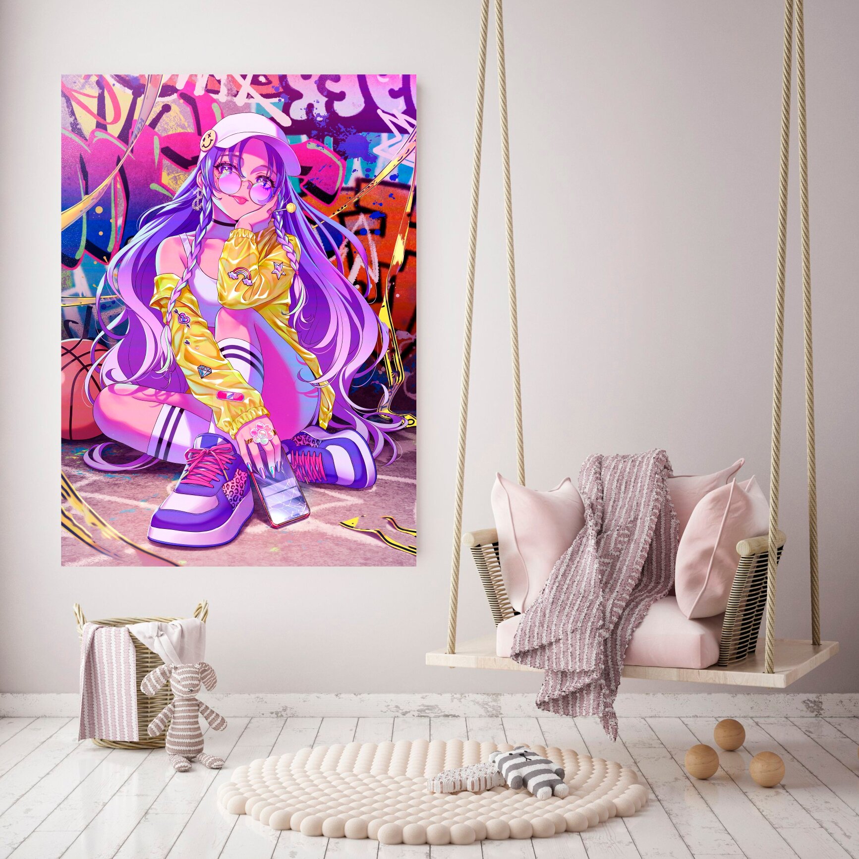 Фотообои, постер "Аниме на фоне граффити" 100х150 см. /Фотообои для девочки