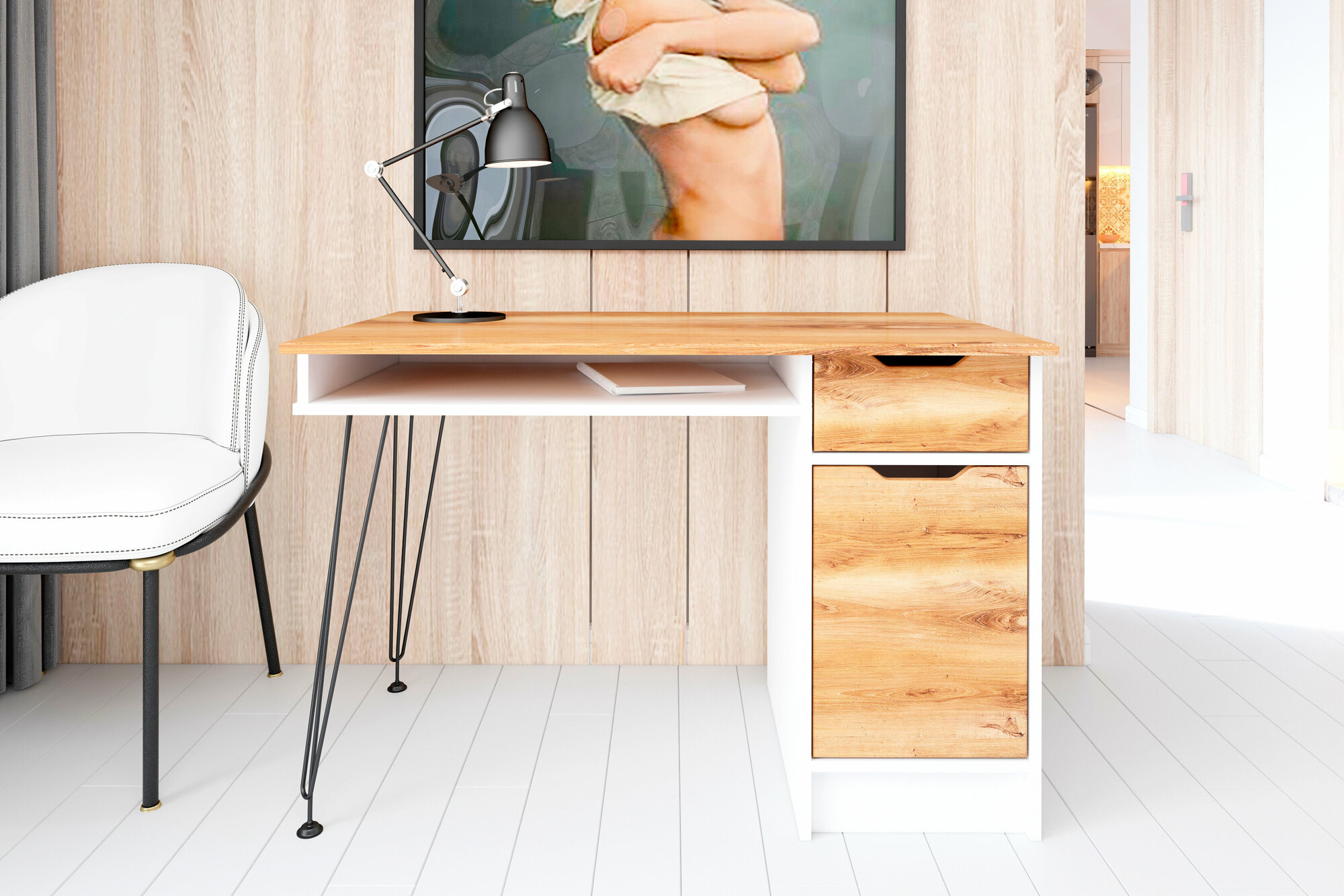 Письменный стол ВМФ Kraft, с тумбой и ящиком, белый - дуб кельтик, ЛДСП, ширина 110см