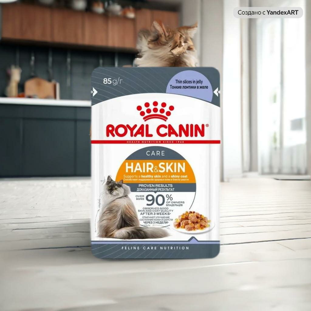 Корм влажный для кошек Royal Canin 85г Hair and skin для поддержания здоровья кожи и красоты шерсти тонкие ломтики в желе 28 шт