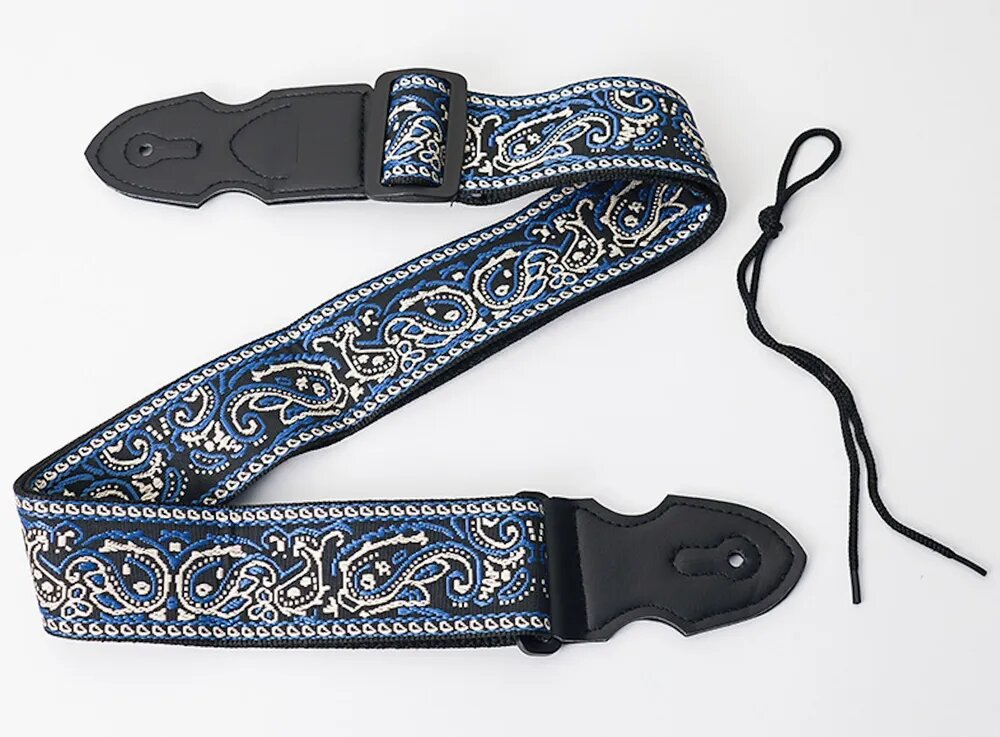 Ремень для акустической и классической гитары с этническим рисунком. Хлопок. 150 см. Синий цветок