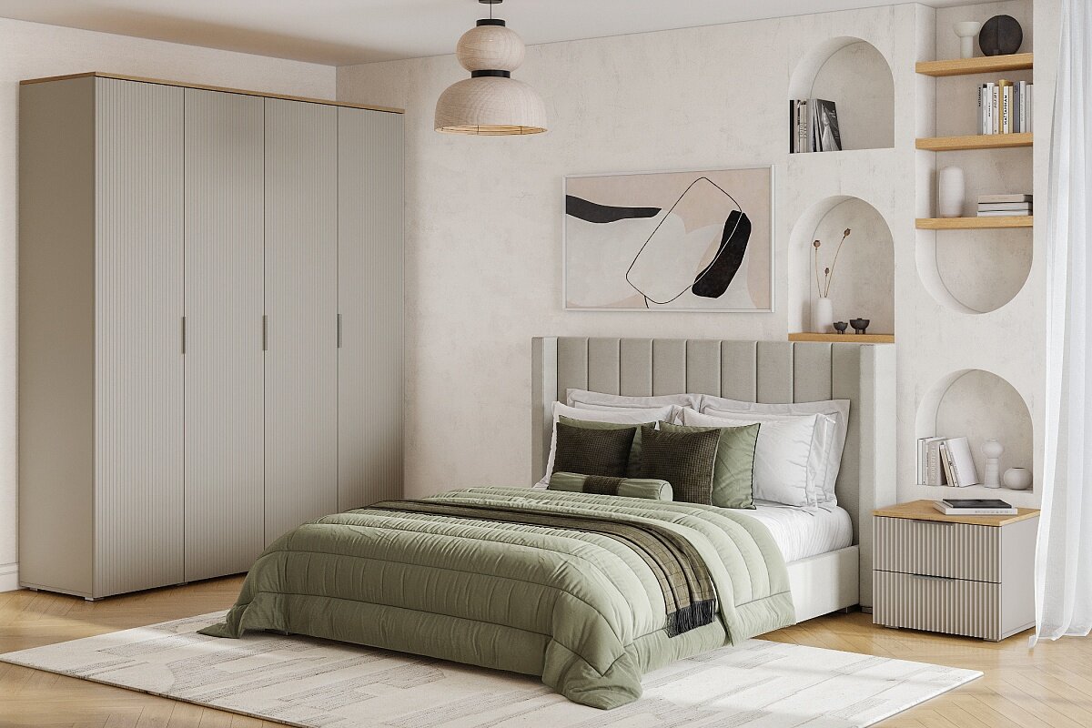 Спальня МебельЛэнд24 Салерно - 1 Кашемир 233x50x212 бежевый со шкафом с тумбой