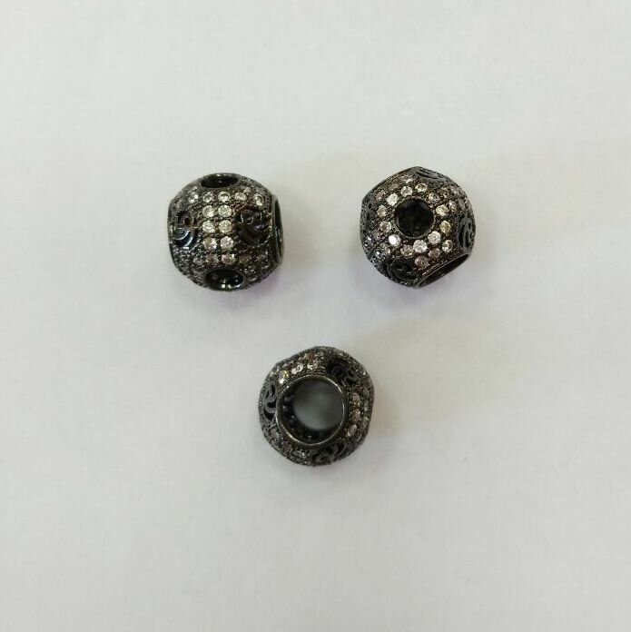 Бусина металлическая 9.5х8.5мм, Milano, Перфорированная с крупным отверстием, с фианитами, базовый материал - латунь, вороненая сталь, 1 шт.