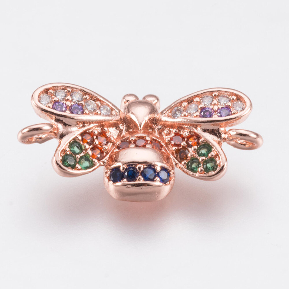 Коннектор 19х10х5мм, Milano, насекомое, Шмель, с разноцветными фианитами, базовый материал - латунь, под розовое золото, 1 шт.
