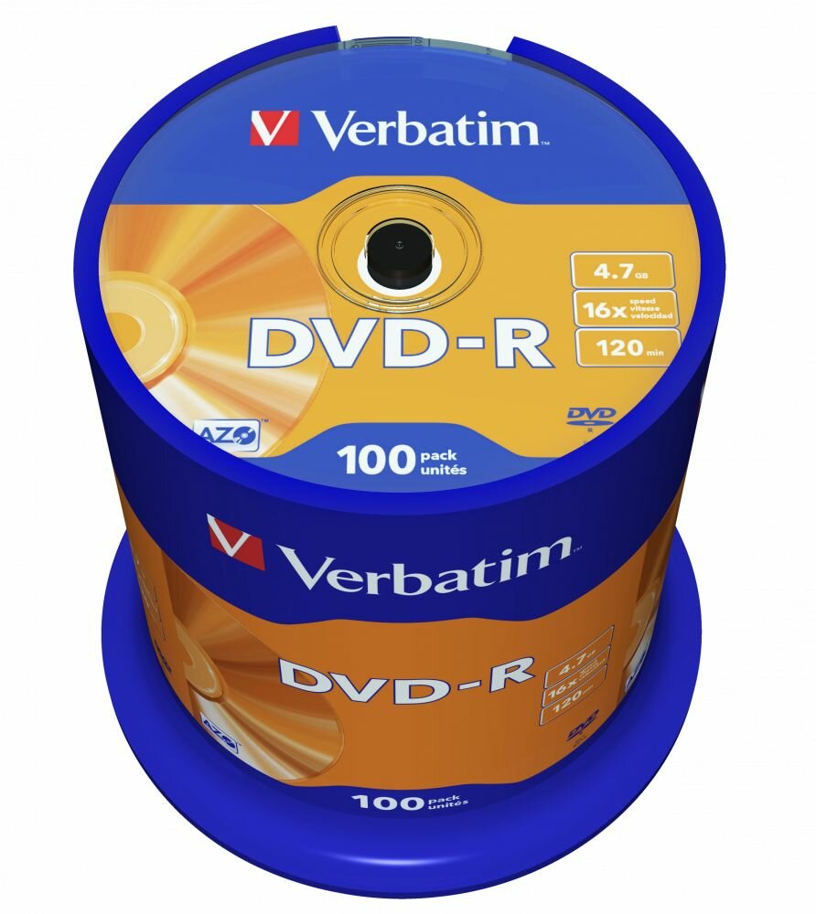 Оптические диски Verbatim DVD-R 4.7 ГБ 16X AZO серебристый матовый 100 шт. на шпинделе