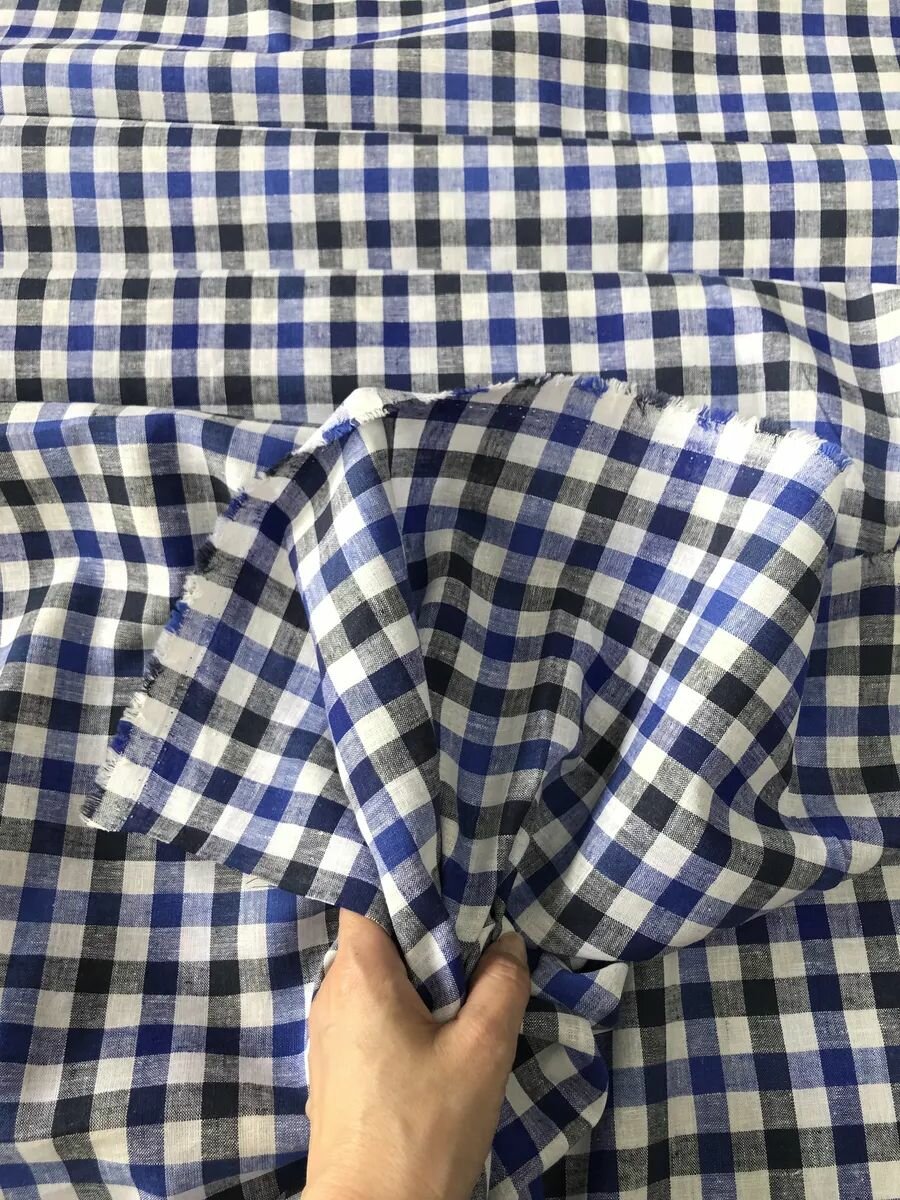 Ткань Лён плательно-блузочный, голубой в клетку, Италия