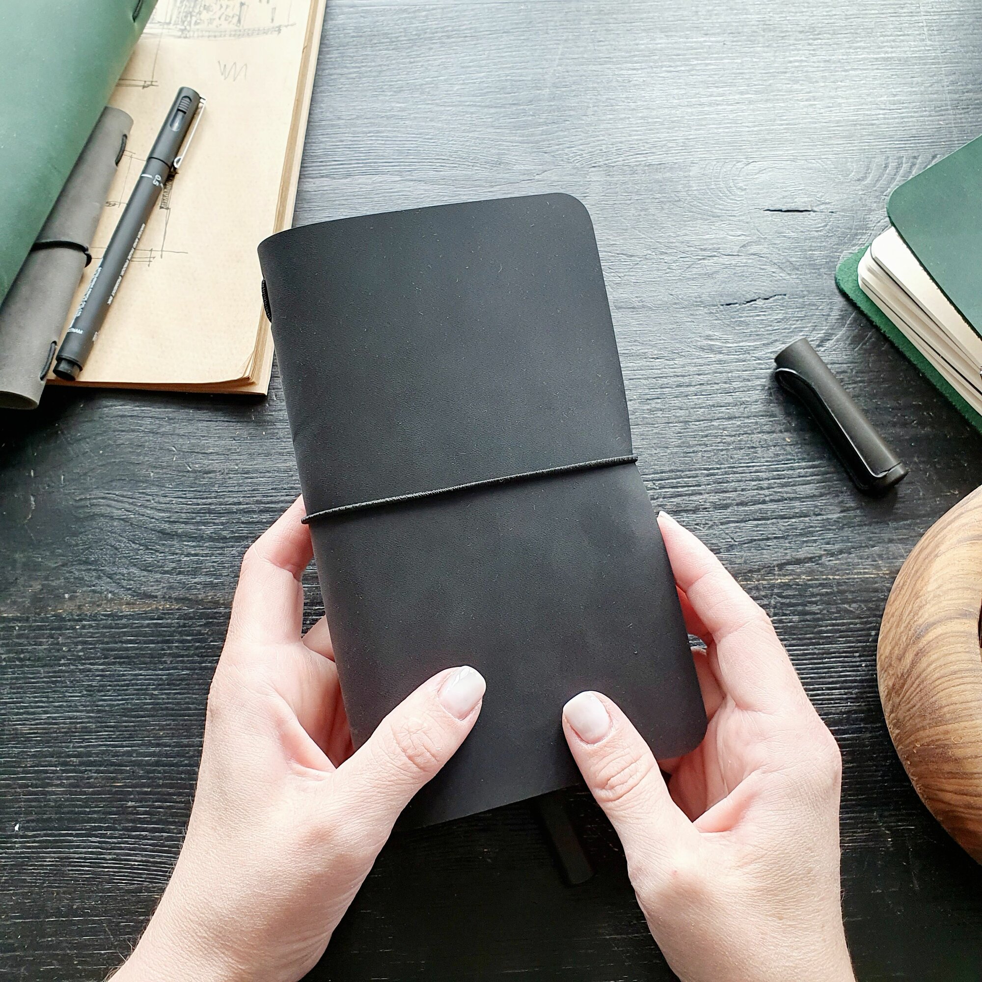 Кожаный блокнот формата Midori Personal (10х18см) со сменными тетрадями на резинке / записная книжка / скетчбук 90 листов