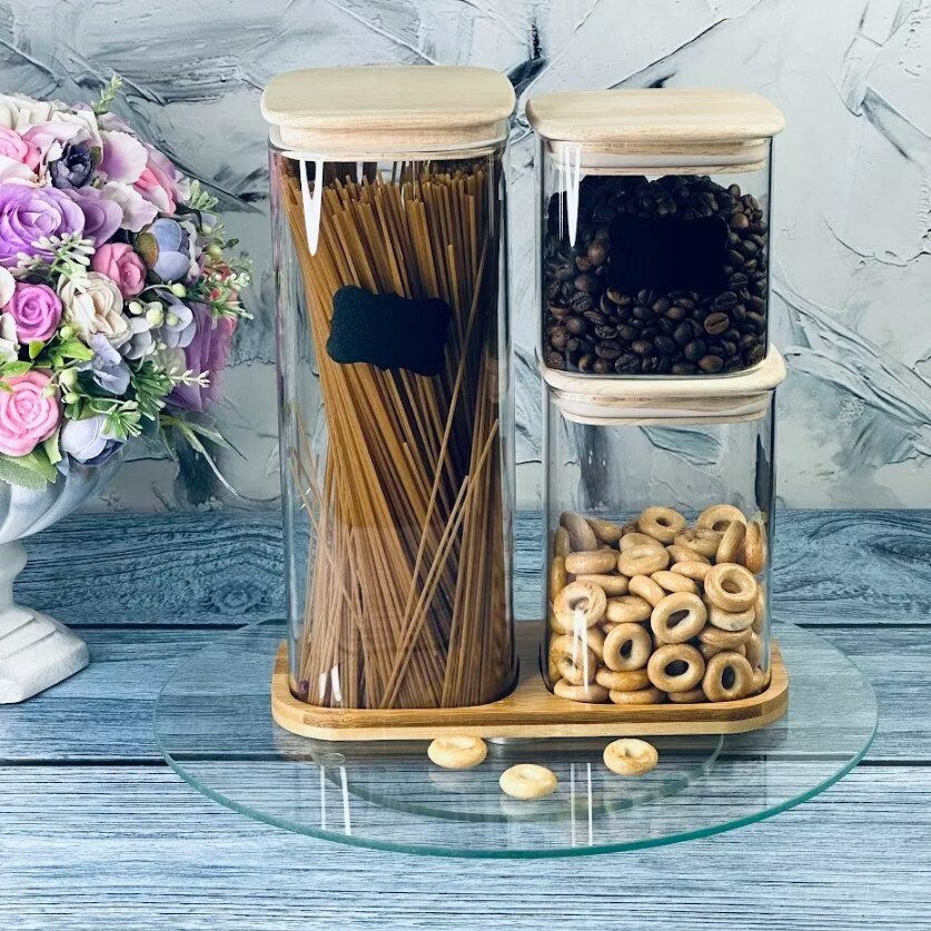 Набор из 3 банок для сыпучих продуктов на подставке 160-246 118-160-246