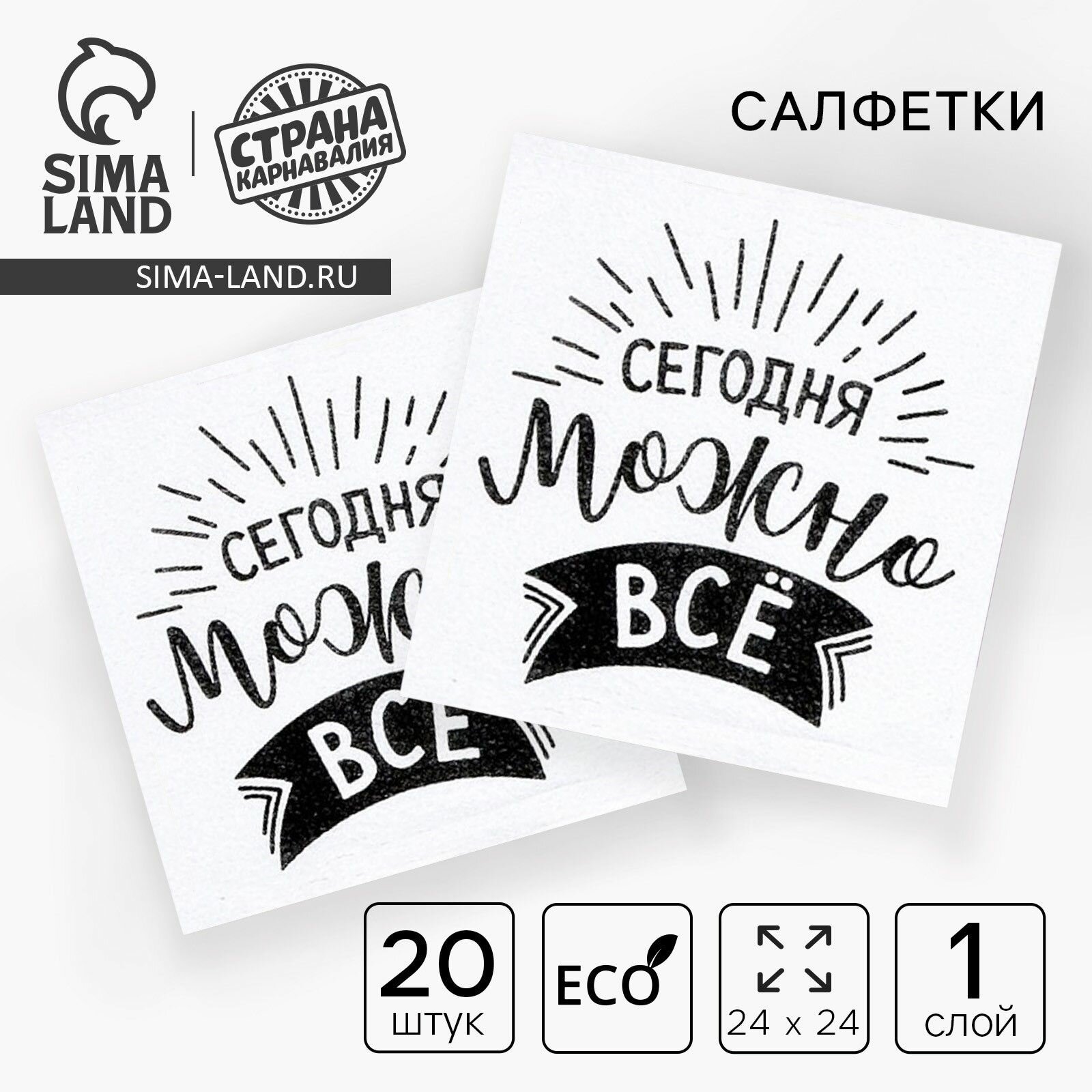 Салфетки бумажные Сегодня можно всё, однослойные, 24х24 см, набор 20 шт.