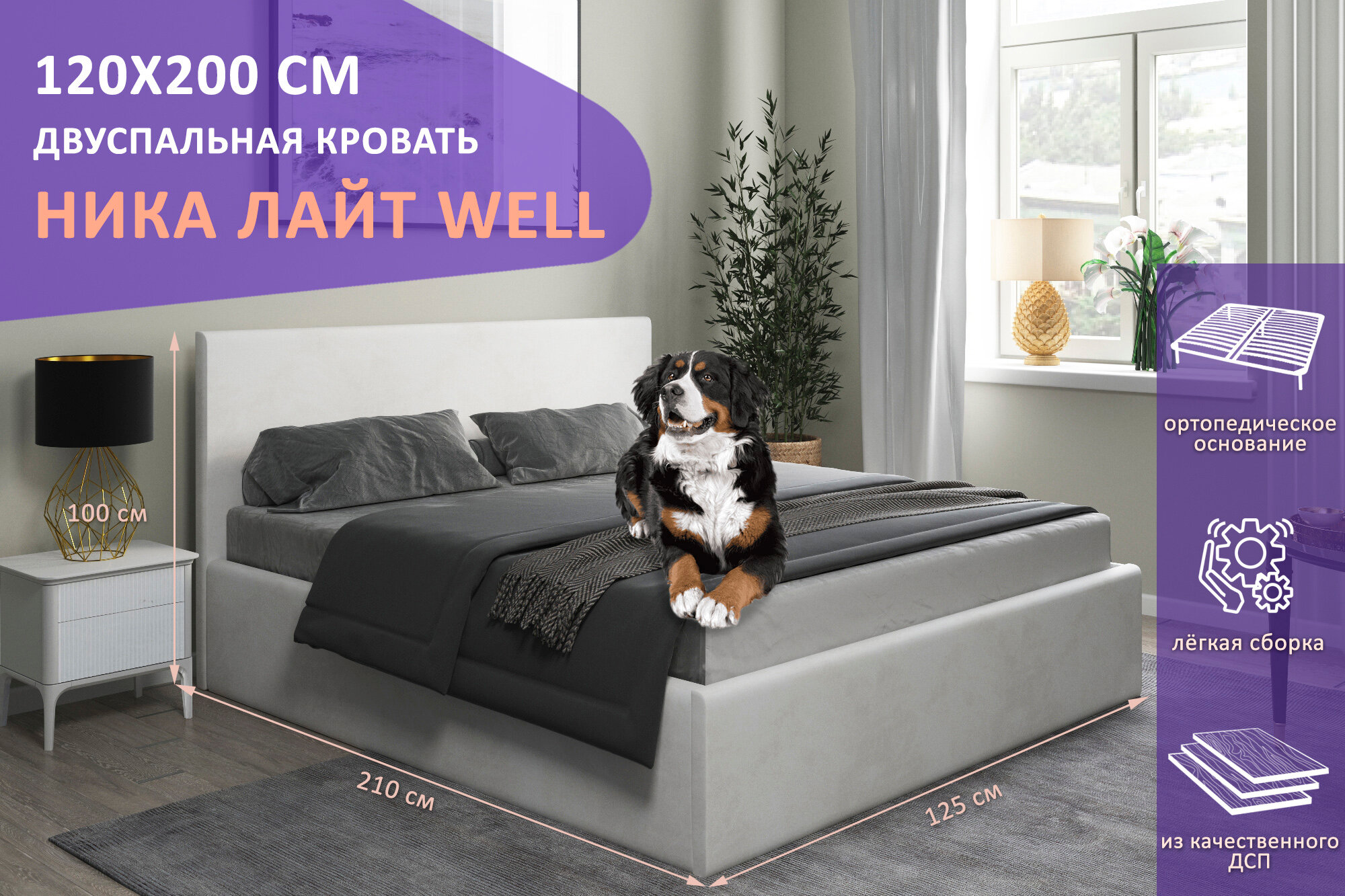 Двуспальная кровать Ника Лайт WELL 120х200 см, с ортопедическим подъемным механизмом, без ножек, цвет молочный