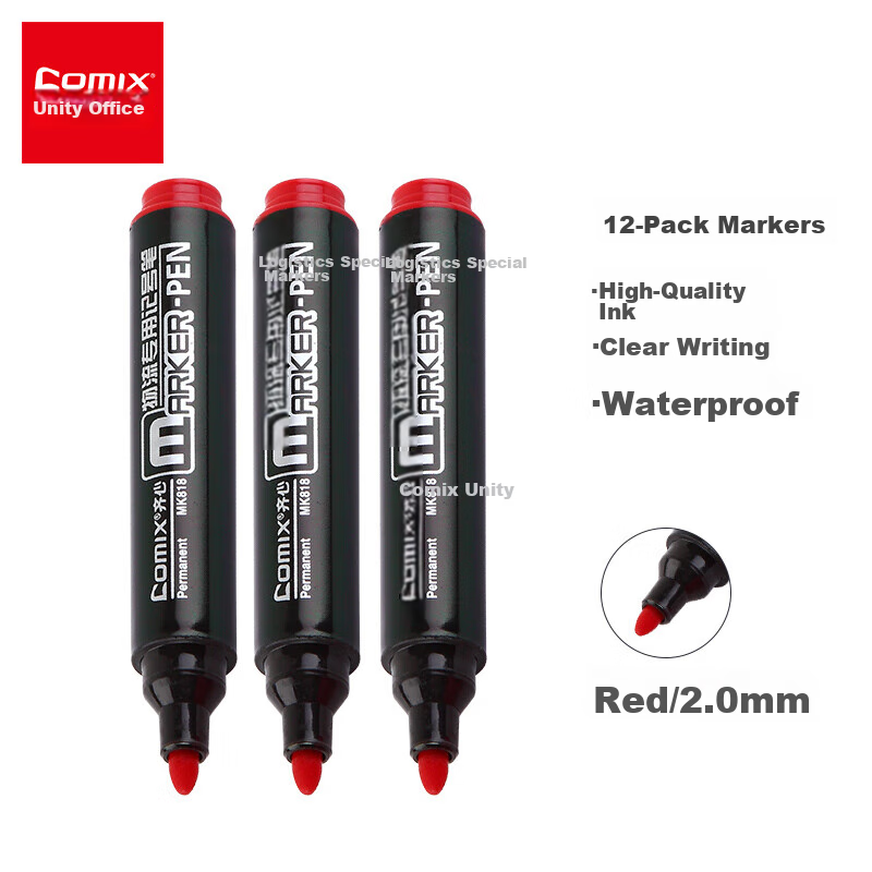 [Back to School Essential] Comix Red Thick-Tip Logistics Oil-Based Marker Pen, 12 Pcs/box, Office Stationery, MK818
