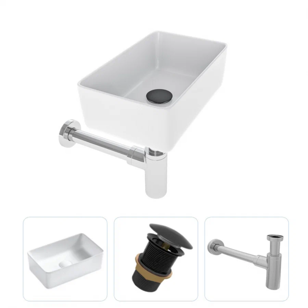 Раковина накладная для ванной Teymi Helmi Mini 38 + донный клапан клик-клак без перелива черный и сифон хром F07582