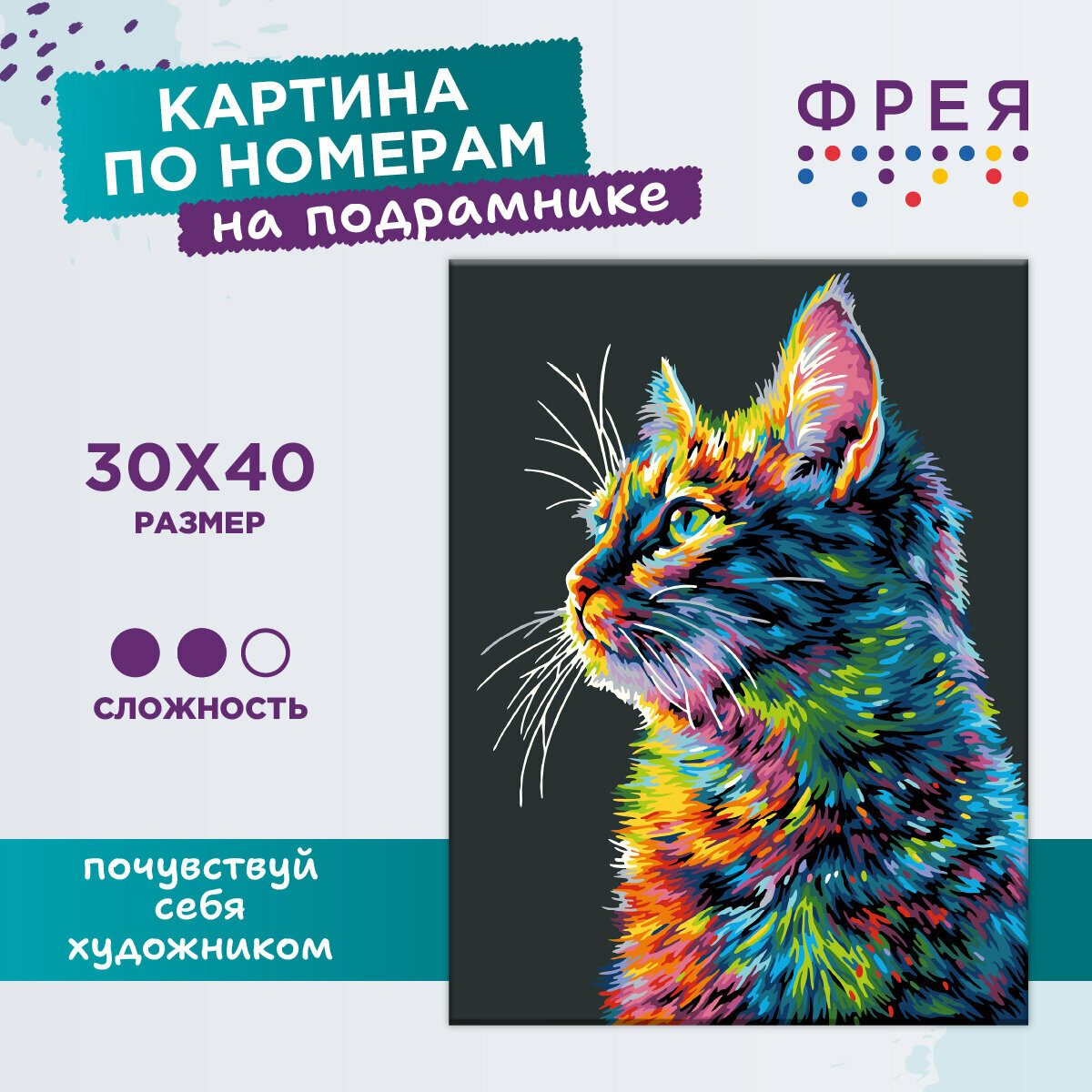 Картина по номерам с холстом на подрамнике "фрея" 40х30 см эффект черного холста PNB/PMB-294 "Портрет котика"