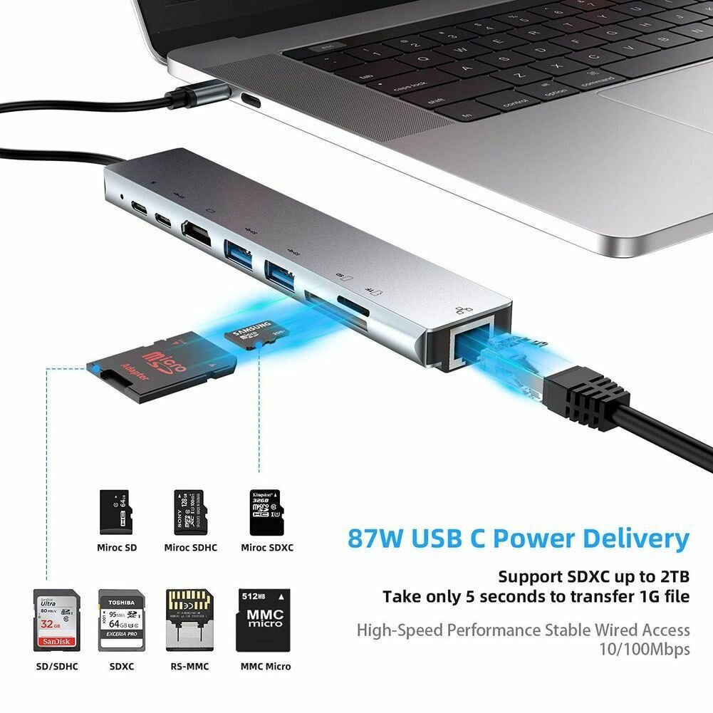 USB разветвитель 8 в 1 USB HUB Type C док станция Usb 3.0 хаб 3 0 переходник концентратор адаптер thunderbolt 4k Hdmi RJ45 TF SD картридер для ноутбука для макбука USB-2.0 Type-c